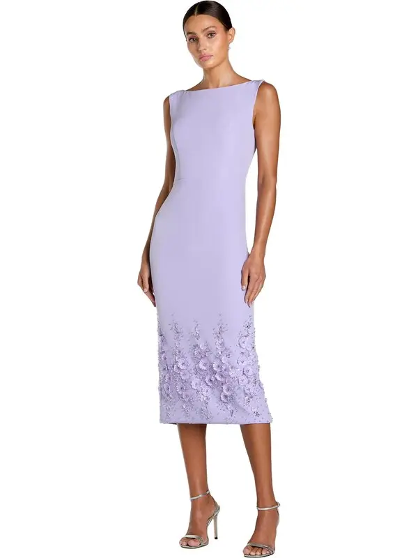 Mac Duggal Crepe Sleeveless Midi Dress With Floral Beading - Purple