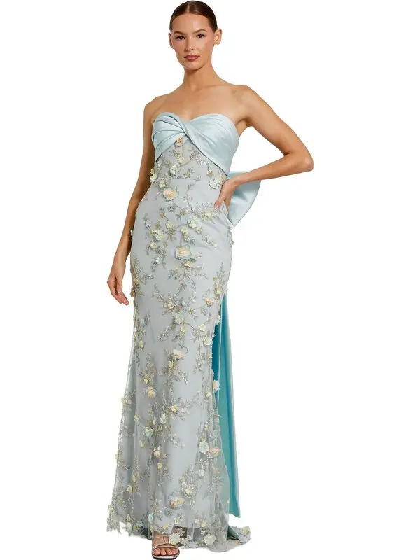 Mac Duggal Strapless Sweetheart Embellished Gown With Bow - Blue