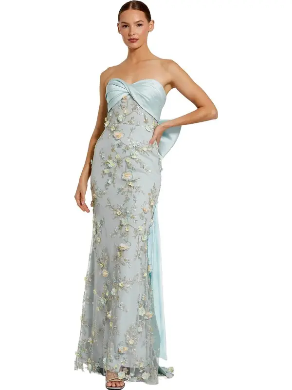 Mac Duggal Strapless Sweetheart Embellished Gown With Bow - Blue