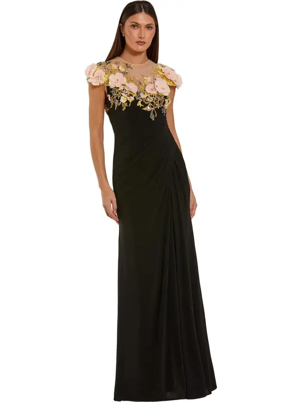 Mac Duggal Jersey Column Gown With 3d Flower Embellishments - Black Multi