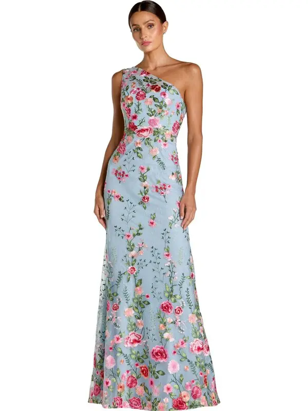Mac Duggal One Shoulder Floral Embroidered Gown - Blue