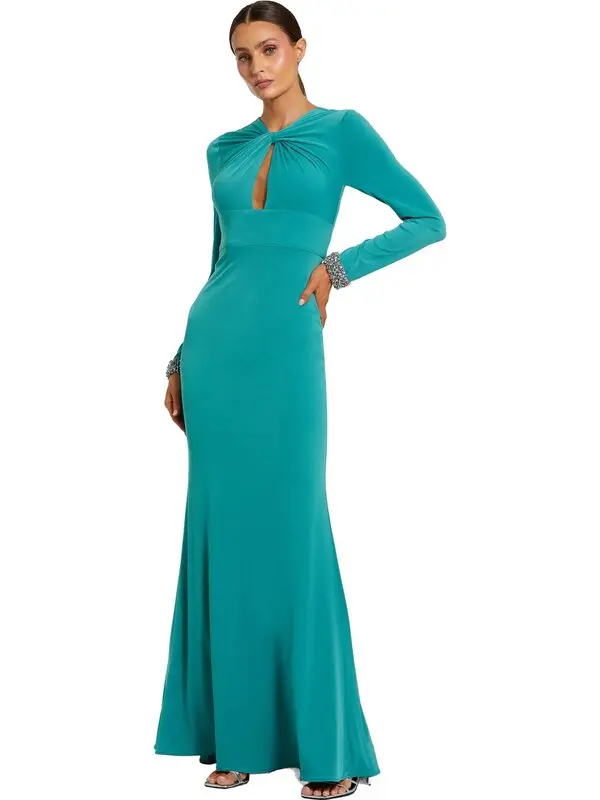 Mac Duggal Long Sleeve Embellished Cuff Jersey Gown - Teal