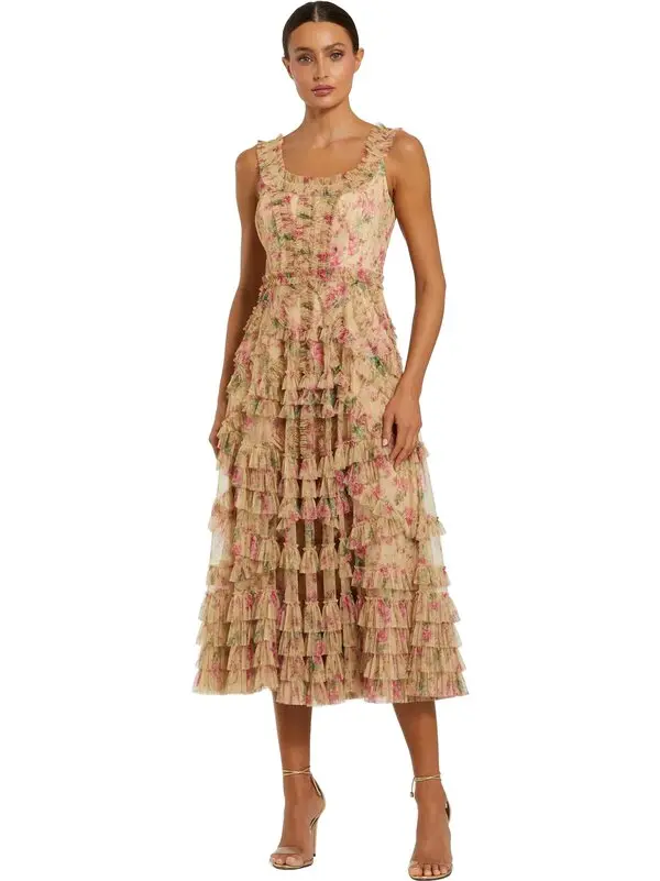 Mac Duggal Floral-printed Ruffle Midi Dress - Beige Multi