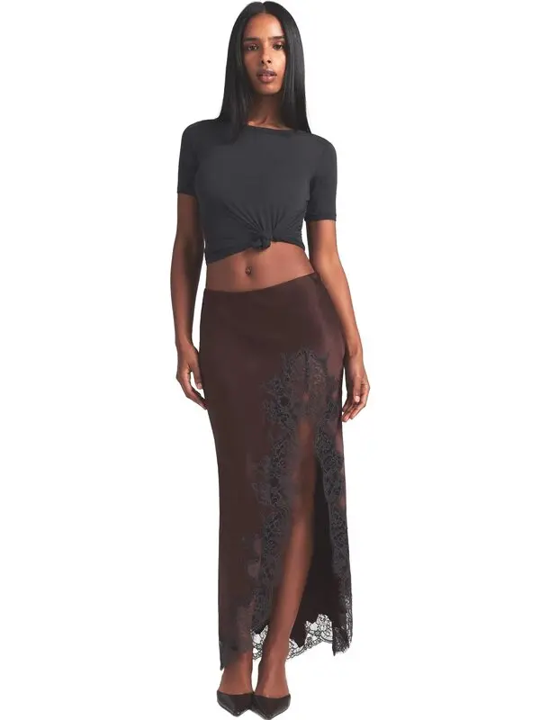 SKIMS Silk Lace Slip Midi Skirt - Espresso Contrast