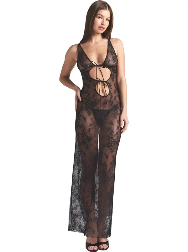 SKIMS Ultra Fine Lace Tie Front Long Slip Dress - Onyx