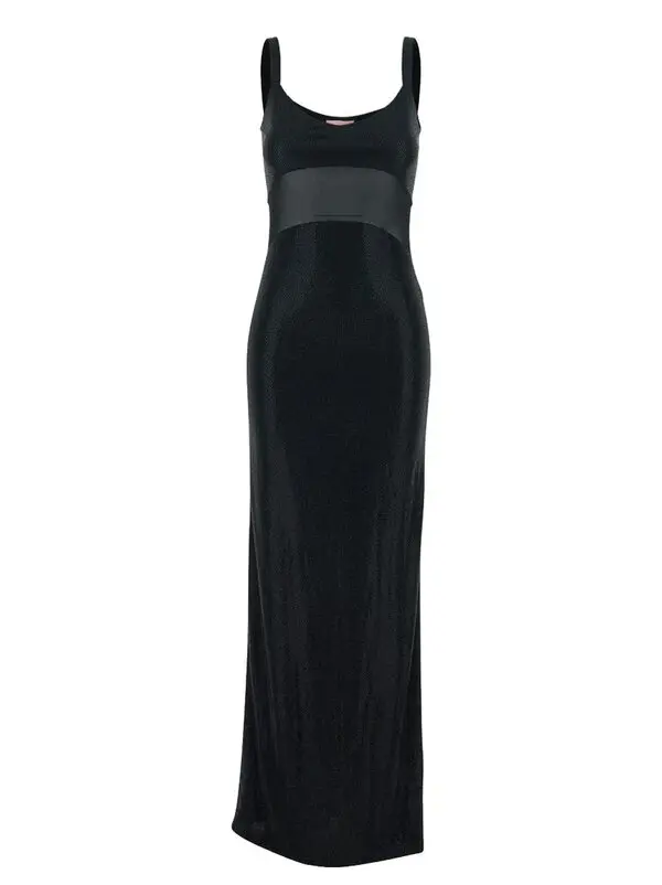 TWENTY FOURHAITCH Long Tech Fabric Dress With Rhinestone Appliques - Black