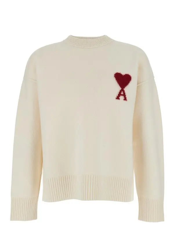 Ami Crewneck Sweater With Adc Embroidery On The Front In Wool - White