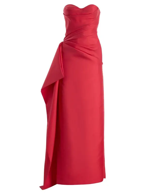 Monique Lhuillier Strapless Draped Cotton-blend Jacquard Gown - Red