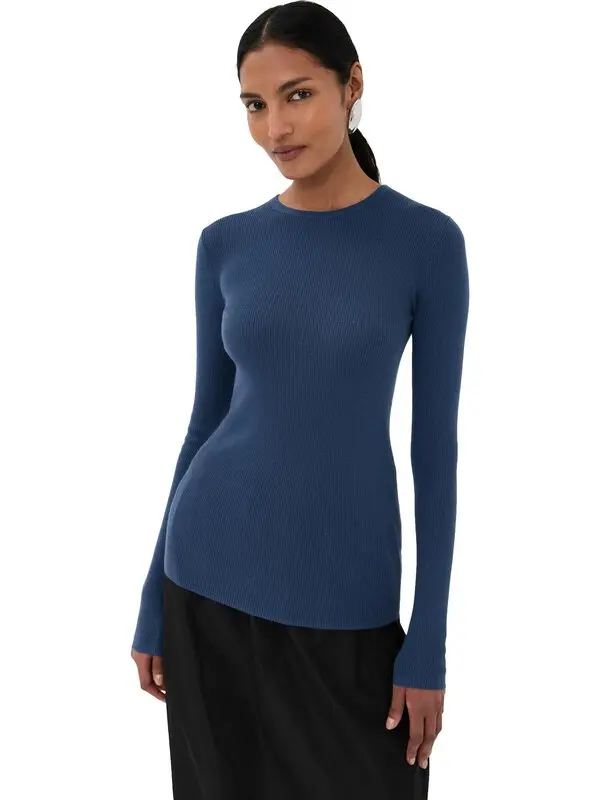 Tibi Feather Weight Ribbed Crewneck Pullover - Seal Blue