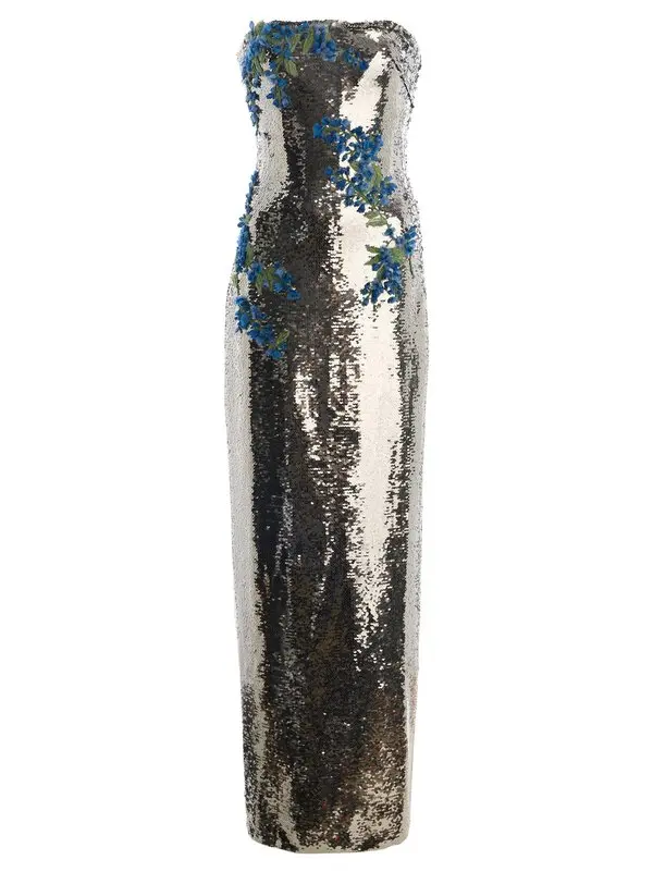 Monique Lhuillier Strapless Sequined Gown With Embellishments - Silver