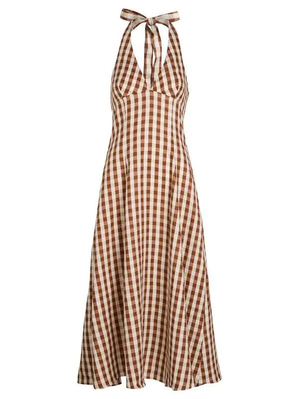 Faithfull The Brand Marais Gingham Linen Midi Dress - Light Brown