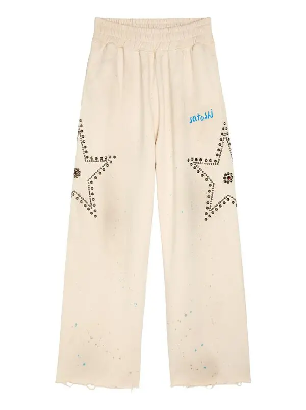 SATOSHI NAKAMOTO Stud-embellished Cotton Sweatpants - White