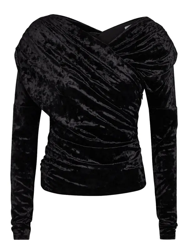 GANNI Ruched Asymmetric Velour Blouse - Black