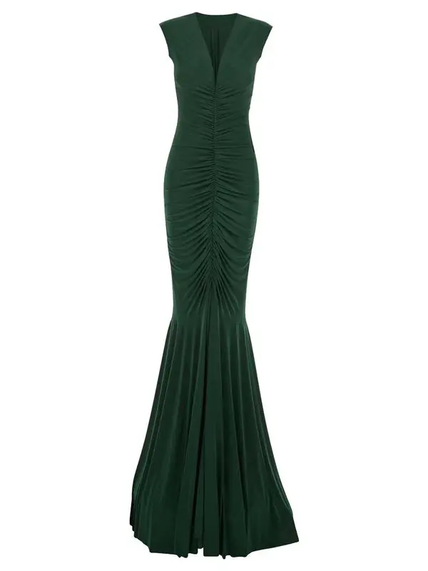 Norma Kamali Sleeveless Long Dress With V Neck And Flared Skirt In Tech Fabric Stretch - Green