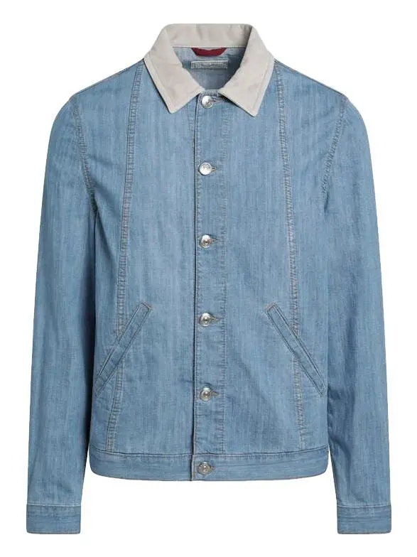 Brunello Cucinelli Denim Jacket With Suede Collar - Blue
