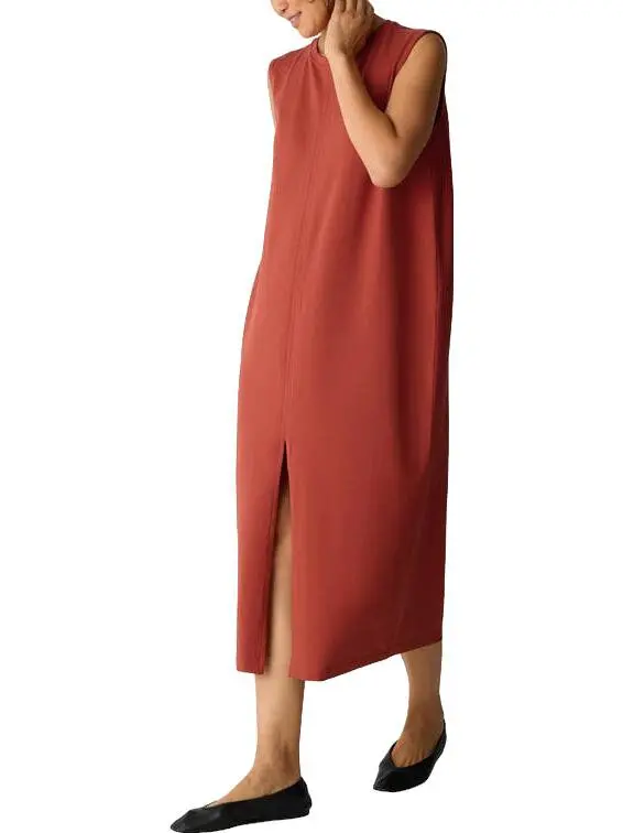 Eileen Fisher Crew Neck Front Slit Midi Dress - Blood Orange