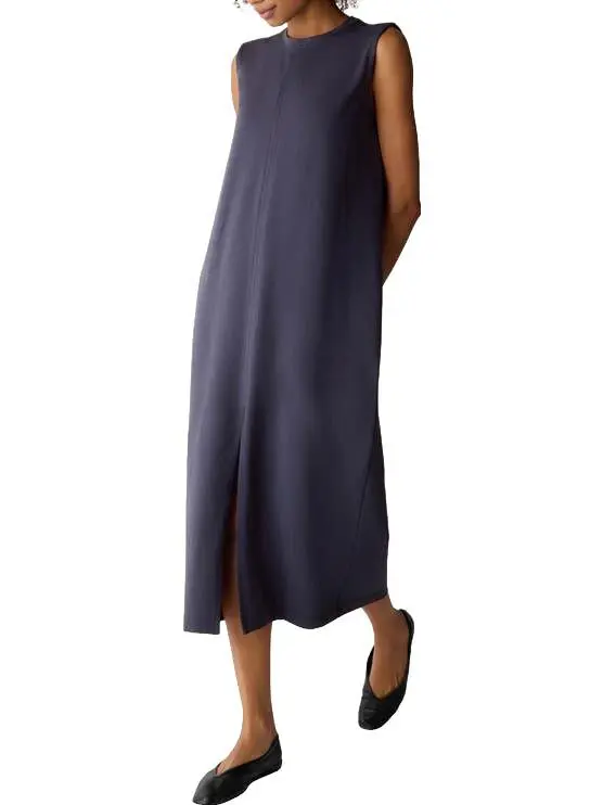 Eileen Fisher Crew Neck Front Slit Midi Dress - Ink