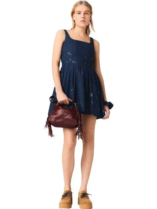 Maje Flared Embroidered Denim Mini Dress - Navy
