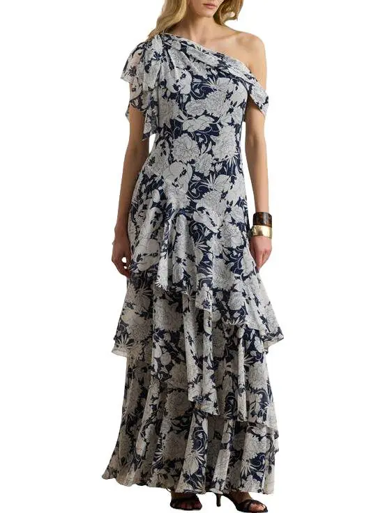 Ralph Lauren Kanerite Crinkle One-shoulder Tiered Maxi Dress - White/navy