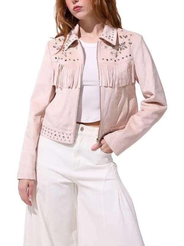 AZALEA WANG Fringe Faux Suede Jacket - Blush