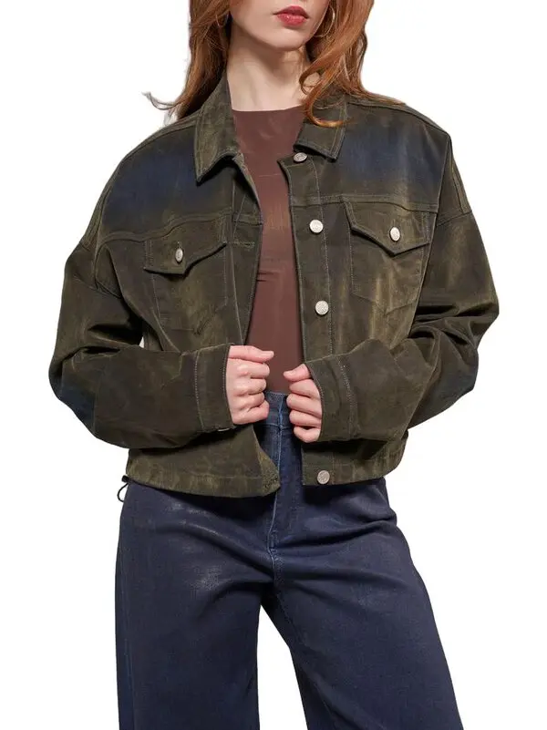 AZALEA WANG Velvet Denim Boxy Jacket - Olive