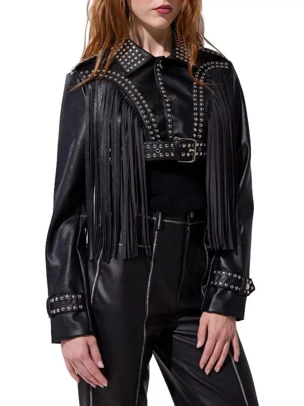 AZALEA WANG Faux Leather Fringe Jacket - Black