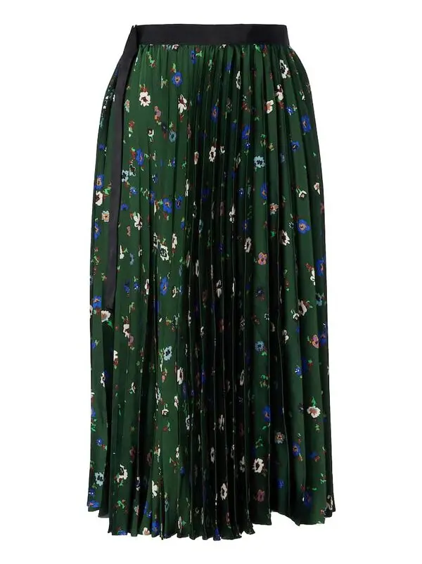 Sacai Floral Plissé Satin Midi Skirt - Green