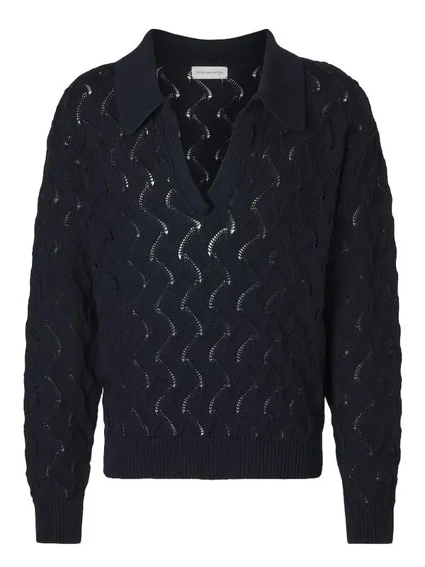 Dries Van Noten Open-knit Cotton Polo Sweater - Blue
