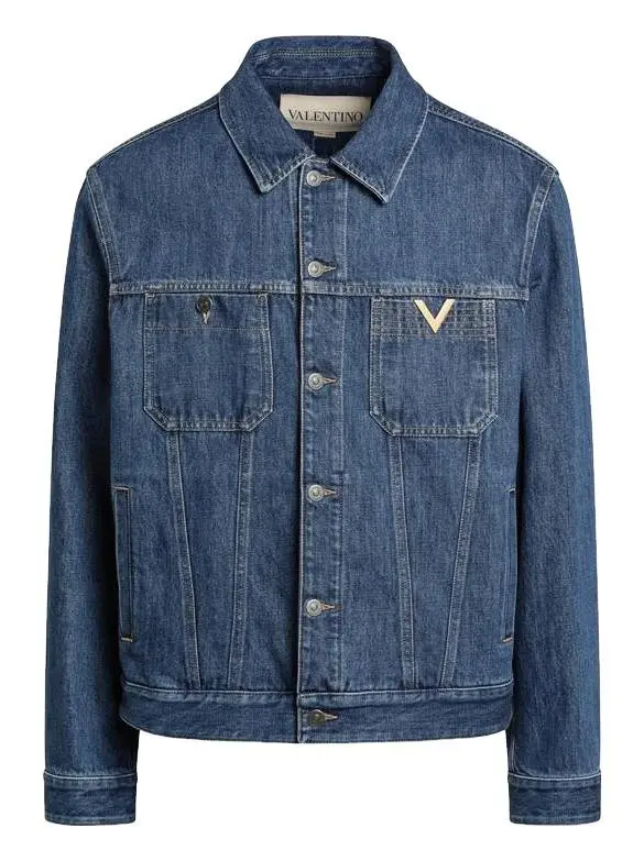 Valentino Garavani Denim Trucker Jacket With Vgold Detail - Blue