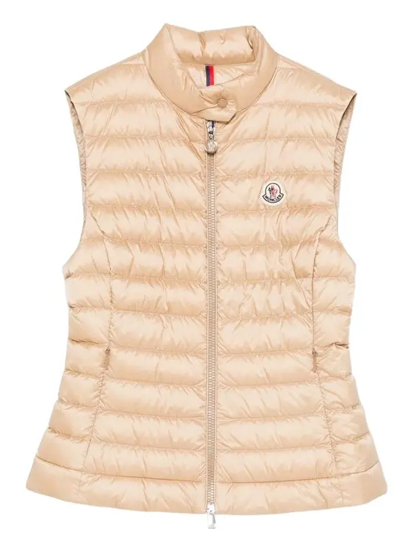 Moncler Zip-up Quilted Gilet With Logo - Beige