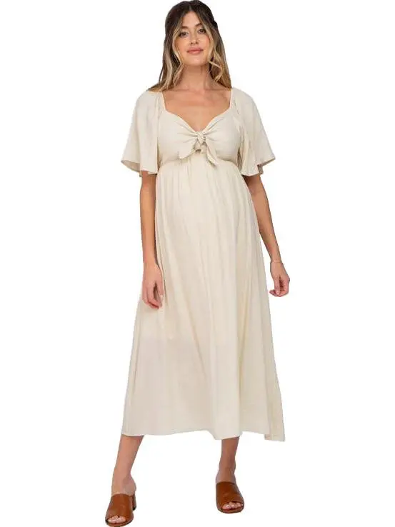PINKBLUSH Front Tie Ruffle Sleeve Maternity Midi Dress - Beige