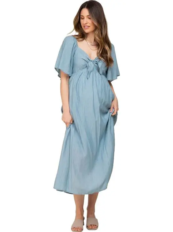 PINKBLUSH Front Tie Ruffle Sleeve Maternity Midi Dress - Blue