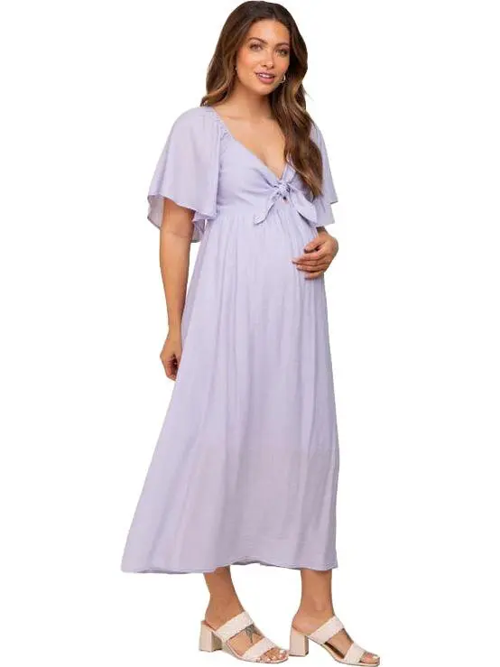 PINKBLUSH Front Tie Ruffle Sleeve Maternity Midi Dress - Lavender