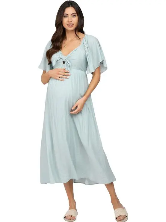 PINKBLUSH Front Tie Ruffle Sleeve Maternity Midi Dress - Light Blue