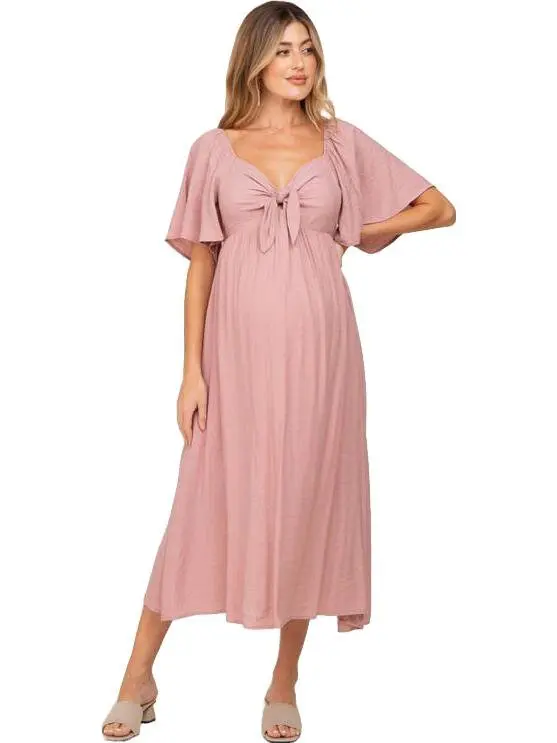 PINKBLUSH Front Tie Ruffle Sleeve Maternity Midi Dress - Mauve