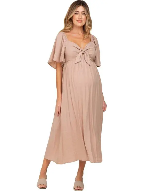 PINKBLUSH Front Tie Ruffle Sleeve Maternity Midi Dress - Mocha