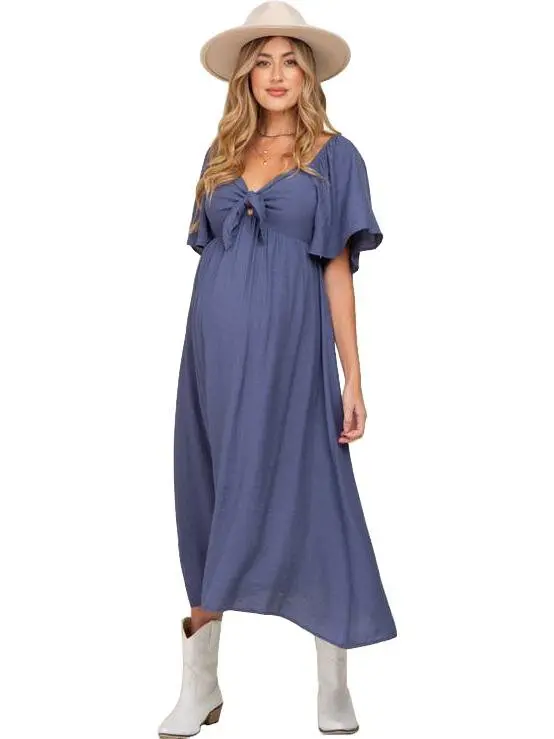 PINKBLUSH Front Tie Ruffle Sleeve Maternity Midi Dress - Navy Blue