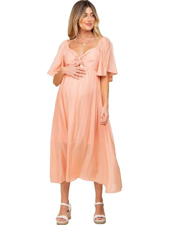 PINKBLUSH Front Tie Ruffle Sleeve Maternity Midi Dress - Peach