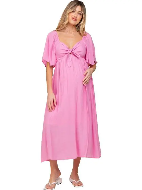 PINKBLUSH Front Tie Ruffle Sleeve Maternity Midi Dress - Pink