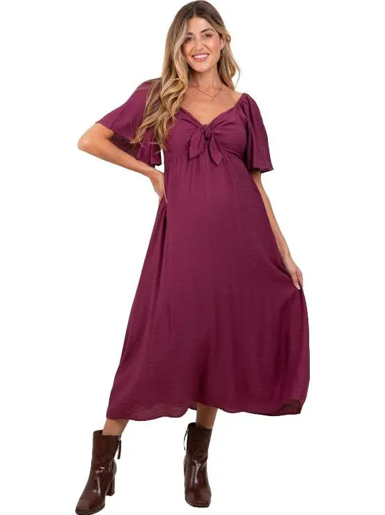 PINKBLUSH Front Tie Ruffle Sleeve Maternity Midi Dress - Plum