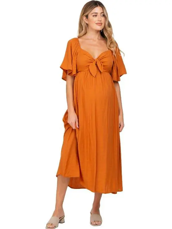 PINKBLUSH Front Tie Ruffle Sleeve Maternity Midi Dress - Rust