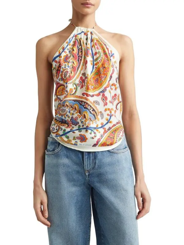 Etro Paisley Silk Bandana Halter Top - Print On White Base