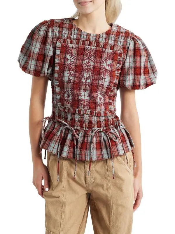 DAMSON MADDER Audrey Plaid Smocked Top - Red/grey
