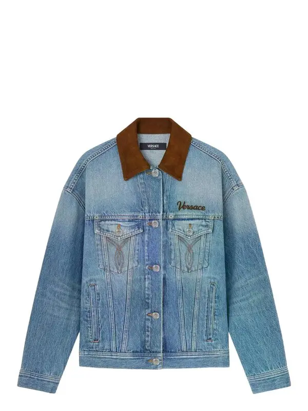 Versace Denim Jacket With Brown Collar - Blue