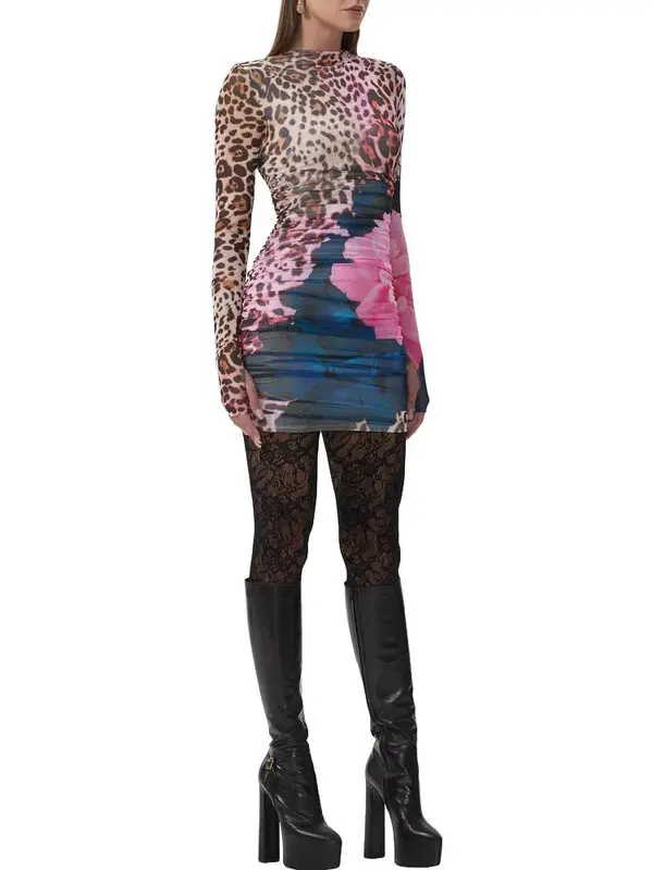AFRM Darcie Print Long Sleeve Mesh Minidress - Animal Block Peony