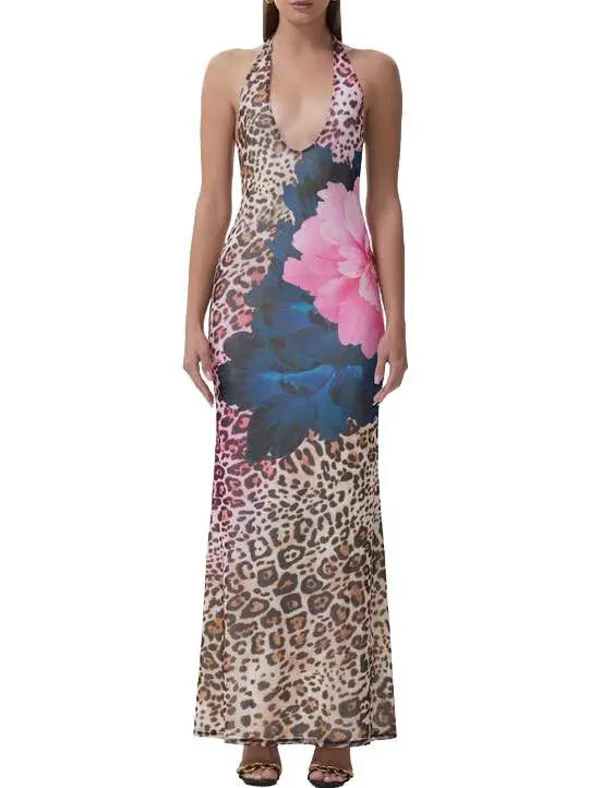 AFRM Paisleigh Mixed Print Halter Neck Maxi Dress - Animal Block Peony