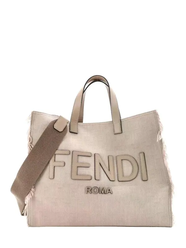 Fendi Logo Shopper Fringe Canvas Large Tote Bag - Brown