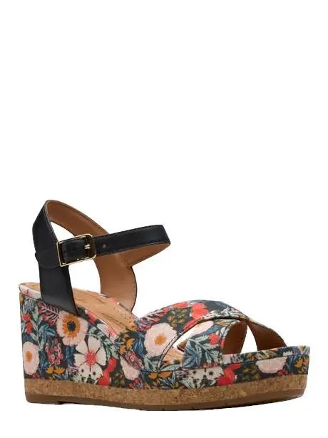 Clarks Floral Wedge Sandal - Black Print