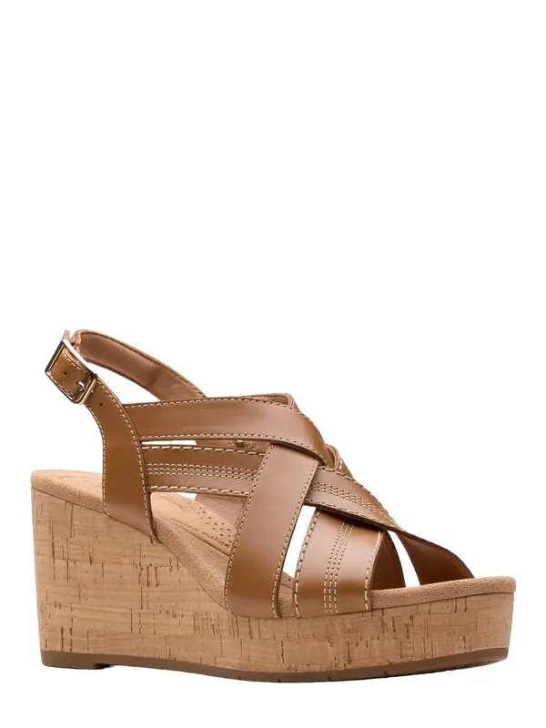 Clarks Savina Slingback Wedge Sandal - Tan Leather