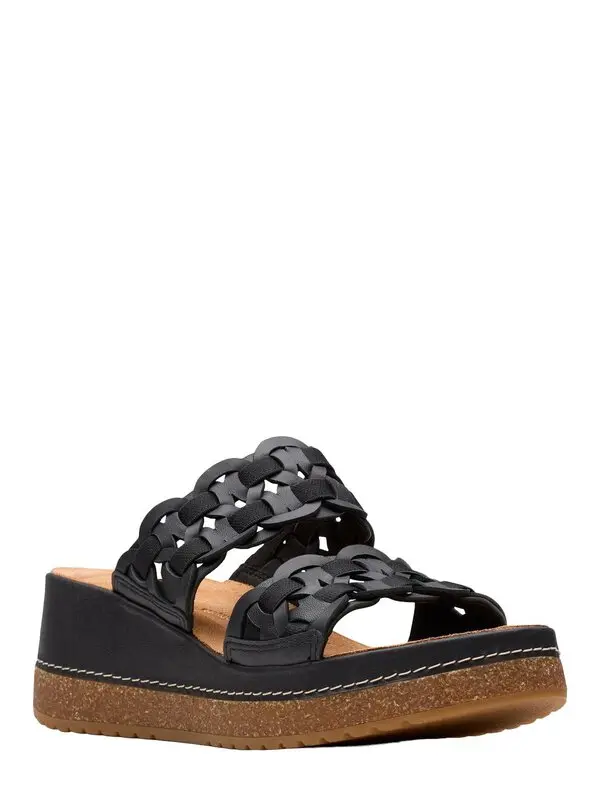 Clarks Woven Leather Wedge Sandals - Black Combo